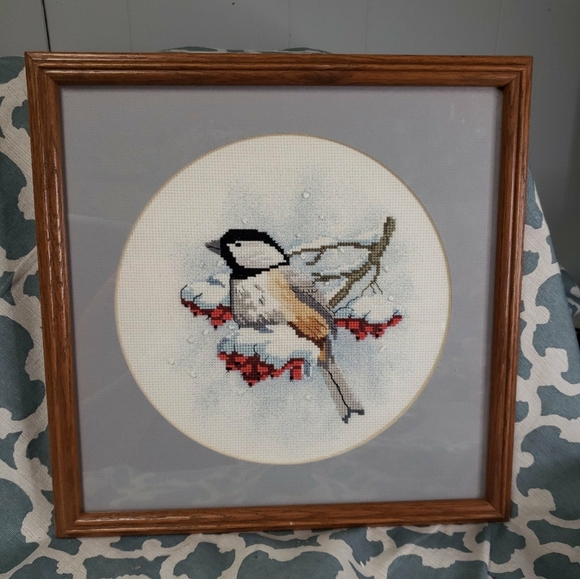 Hand Crafted | Accents | Vintage Hand Cross Stitched Chickadee Matted ...